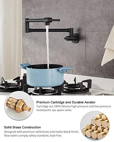 PHASAT Pot Filler Faucet,Black Pot Filler Wall Mount,Brass Kitchen Faucet Folding Stretchable with Double Joint Swing Arm,2 Handles with 2 Cartridges,Single Hole,Matte Black,PTZH01C