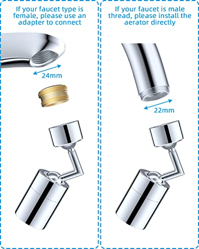 Hibbent Faucet Aerator, 720° Swivel Big Angle Spray Aerator, Solid Brass Dual Function Kitchen Sink Faucet Aerator, Bathroom Faucet Mounted for Face Washing, Gargle and Eye Flush, Chrome