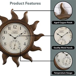 FirsTime & Co. Copper Sundeck Outdoor Wall Clock, Thermometer for Patio and Pool, Round, Metal, Rustic, 19 inches