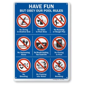 smartsign 14 x 10 inch “have fun but obey our pool rules” swimming pool metal sign with symbols, screen printed, 40 mil laminated rustproof aluminum, multicolor