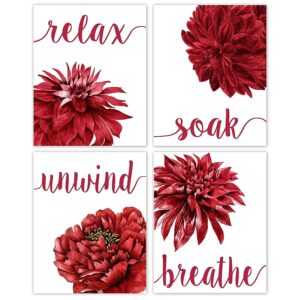 relax soak unwind breathe red blend bathroom flower prints, 4 (8x10) unframed photos, wall art decor gifts under 20 for home office salon college student teacher friends garden floral yoga fan