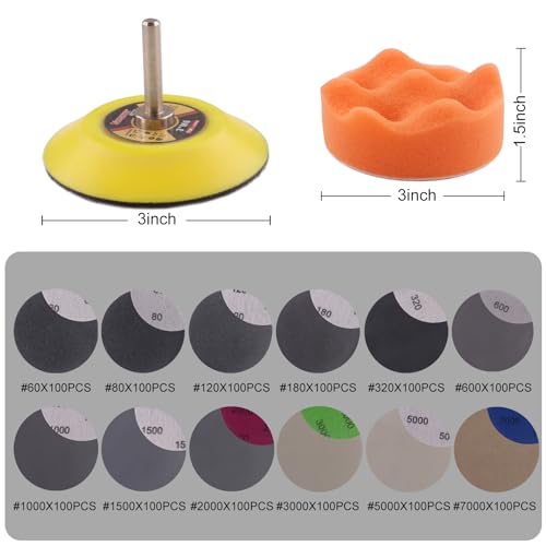 MAXMAN 3 Inch Sandpaper (75mm) Silicon Carbide Wet/Dry Hook & Loop Sanding Discs Assorted 600/800/1000/1500/2000/3000/5000/7000Grit with 1/4 Shank Sanding Pad &Sponge Polishing Pad(84pcs)