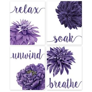 flower prints relax soak unwind breathe purple blend, 4 (8x10) unframed photos, wall art decor gifts under 20 for home office bathroom college student teacher friends floral garden yoga inspired fans