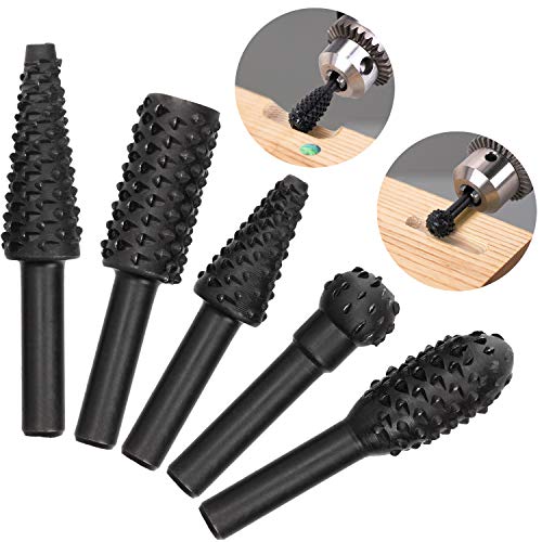 OIIKI 5 PCS Woodworking Twist Drill Bits, Wood Carving File Rasp Drill Bit, with 1/4" Shank Tool Rasp Chisel Shaped Rotating Embossed Grinding Head