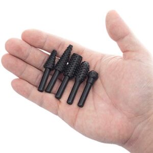 OIIKI 5 PCS Woodworking Twist Drill Bits, Wood Carving File Rasp Drill Bit, with 1/4" Shank Tool Rasp Chisel Shaped Rotating Embossed Grinding Head