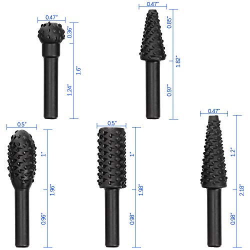 OIIKI 5 PCS Woodworking Twist Drill Bits, Wood Carving File Rasp Drill Bit, with 1/4" Shank Tool Rasp Chisel Shaped Rotating Embossed Grinding Head