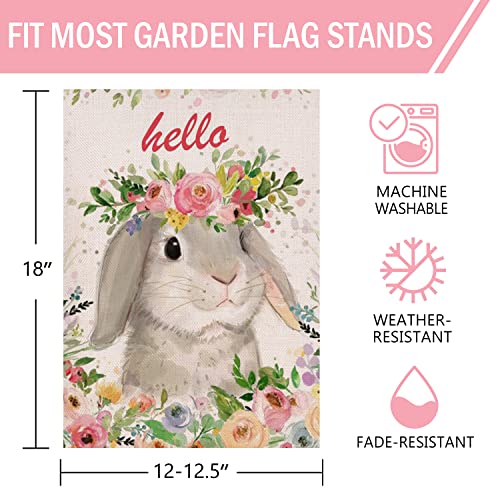 Furiaz Home Decorative Hello Easter Bunny Small Garden Flag, Spring Rabbit Yard Outdoor Decoration Rose Flowers Sign, Holiday Floral Burlap Seasonal Outside Decor Double Sided 12 x 18