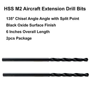 MAXTOOL 3/16"x6" 2pcs Identical Aircraft Extension Drills HSS M2 Extra Long Deep Twist Drill Bits Straight Shank Fully Ground Black; ACF02B06R12P2