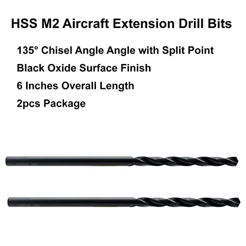 MAXTOOL 3/16"x6" 2pcs Identical Aircraft Extension Drills HSS M2 Extra Long Deep Twist Drill Bits Straight Shank Fully Ground Black; ACF02B06R12P2