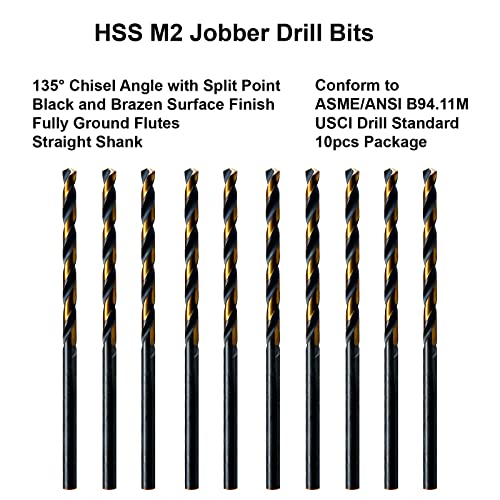 MAXTOOL 1/64" 10pcs Identical Jobber Length Drills HSS M2 Twist Drill Bits Fully Ground Black & Bronze Straight Shank Drills; JBF02H10R01P10