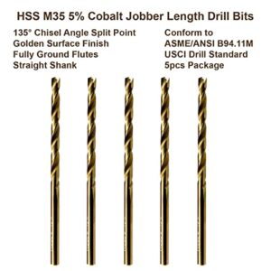 MAXTOOL No.21 5pcs Identical Jobber Length Drills Dia 0.159" HSS M35 Cobalt Twist Drill Bits Wire Gauge Numbered Golden Straight Drills; JBN35G10R21P5