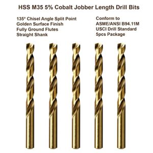 MAXTOOL 5/32" 5pcs Identical Jobber Length Drills HSS M35 Twist Drill Bits 5% Cobalt Fully Ground Golden Straight Shank Drills; JBF35G10R10P5