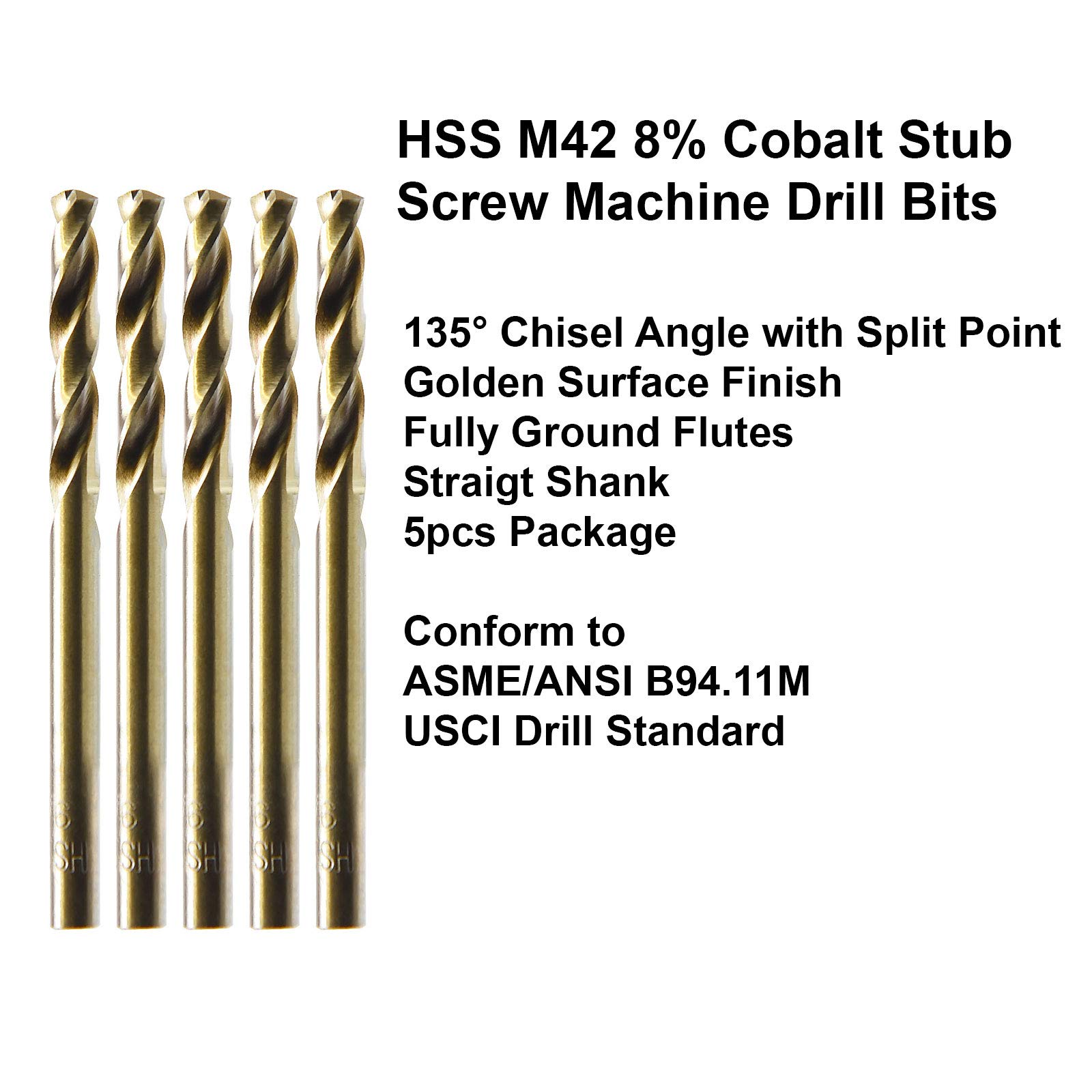 MAXTOOL 7/64" 5pcs Identical Screw Machine Drills HSS M42 Cobalt Twist Stub Drill Bits Fully Ground Golden Straight Shank Short Drills; SMF42G10R07P5