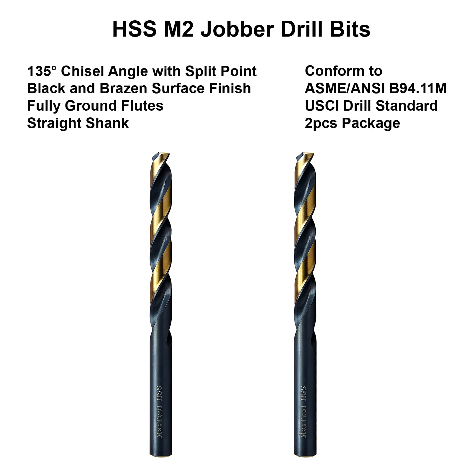 MAXTOOL Letter Y 2pcs Identical Jobber Length Drills Dia 0.404" HSS M2 Twist Drill Bits Fully Ground Black-Bronze Straight Shank Drills; JBL02H10RYP2