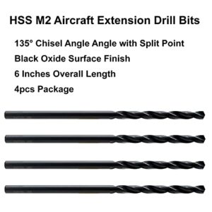 MAXTOOL 3/32"x6" 4pcs Identical Aircraft Extension Drills HSS M2 Extra Long Deep Twist Drill Bits Straight Shank Fully Ground Black; ACF02B06R06P4