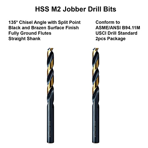 MAXTOOL 19/64" 2pcs Identical Jobber Length Drills HSS M2 Twist Drill Bits Fully Ground Black & Bronze Straight Shank Drills; JBF02H10R19P2