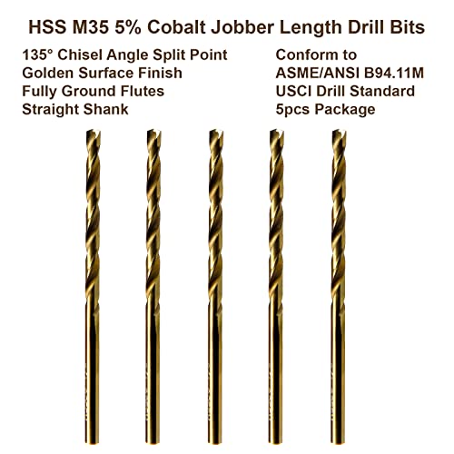 MAXTOOL No.6 5pcs Identical Jobber Length Drills Dia 0.204" HSS M35 Cobalt Twist Drill Bits Wire Gauge Numbered Golden Straight Drills; JBN35G10R06P5