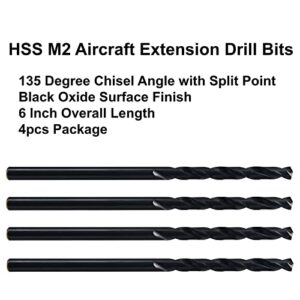 MAXTOOL 7/32"x6" 4pcs Identical Aircraft Extension Drills HSS M2 Extra Long Deep Twist Drill Bits Straight Shank Fully Ground Black; ACF02B06R14P4