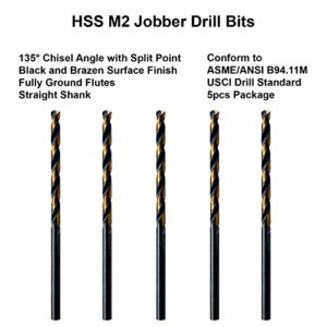 MAXTOOL No.14 5pcs Identical Jobber Length Drills Dia 0.182" HSS M2 Twist Drill Bits Wire Gauge Gage Numbered Straight Shank Drills; JBN02H10R14P5