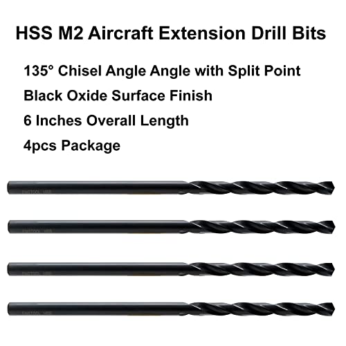 MAXTOOL 1/4"x6" 4pcs Identical Aircraft Extension Drills HSS M2 Extra Long Deep Twist Drill Bits Straight Shank Fully Ground Black; ACF02B06R16P4