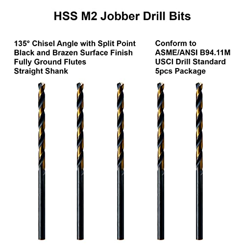 MAXTOOL 5/64" 5pcs Identical Jobber Length Drills HSS M2 Twist Drill Bits Fully Ground Black & Bronze Straight Shank Drills; JBF02H10R05P5