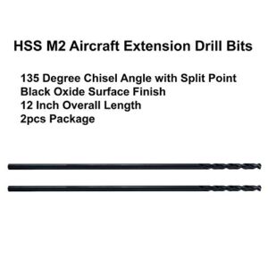 MAXTOOL 7/32"x12" 2pcs Identical Aircraft Extension Drills HSS M2 Extra Long Deep Twist Drill Bits Straight Shank Fully Ground Black; ACF02B12R14P2