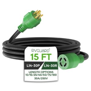 rvguard 4 prong 30 amp 15 foot generator extension cord, nema l14-30p/l14-30r, 125/250v up to 7500w 10 gauge sjtw generator cord, etl listed