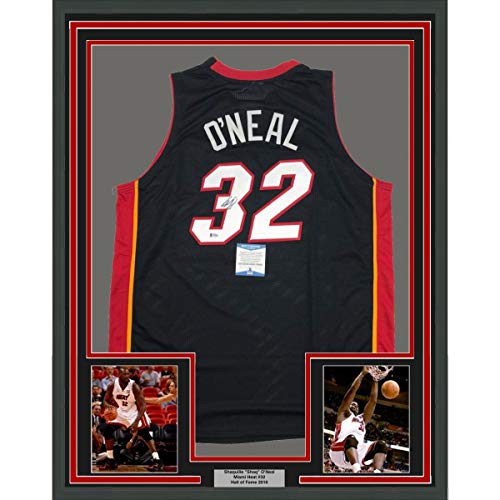 Framed Autographed/Signed Shaquille Shaq O'Neal 33x42 Miami Black Basketball Jersey Beckett BAS COA