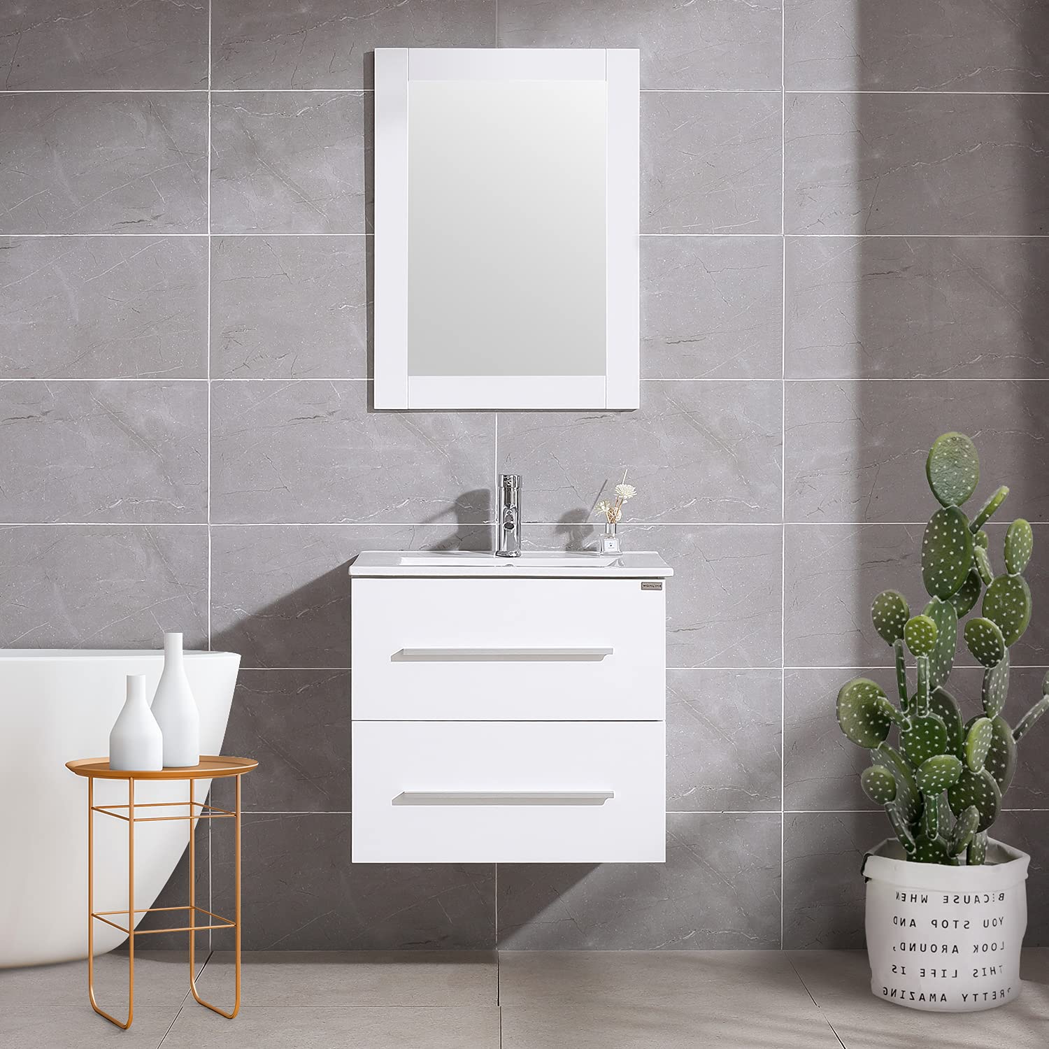 wonline 24" White Wall Mounted Bathroom Vanity Set Two Drawers Storage Cabinet with Ceramic Vessel Sink and Mirror Combo Chrome Faucet