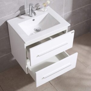 wonline 24" White Wall Mounted Bathroom Vanity Set Two Drawers Storage Cabinet with Ceramic Vessel Sink and Mirror Combo Chrome Faucet