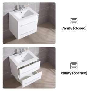 wonline 24" White Wall Mounted Bathroom Vanity Set Two Drawers Storage Cabinet with Ceramic Vessel Sink and Mirror Combo Chrome Faucet