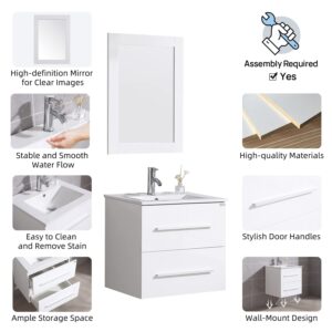 wonline 24" White Wall Mounted Bathroom Vanity Set Two Drawers Storage Cabinet with Ceramic Vessel Sink and Mirror Combo Chrome Faucet