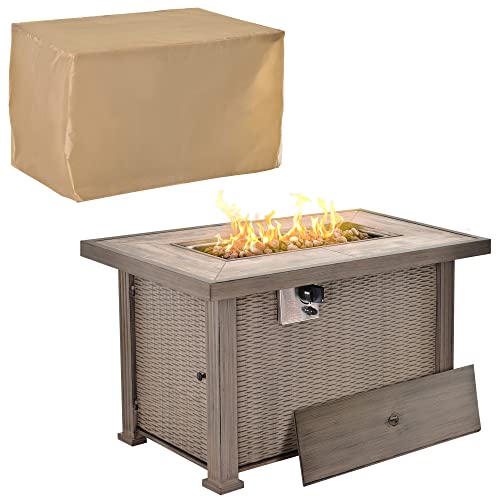 Outsunny 42" Propane Fire Pit Table, 50,000 BTU Wicker-Effect Auto-Ignition Gas Fireplace Fire Pits with Ceramic Tabletop, Steel Base, Lid, Lava Rocks and Cover, CSA Certification, Grey