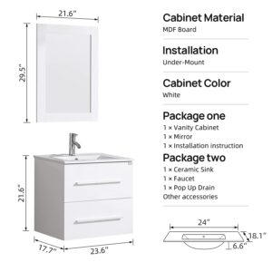 wonline 24" White Wall Mounted Bathroom Vanity Set Two Drawers Storage Cabinet with Ceramic Vessel Sink and Mirror Combo Chrome Faucet