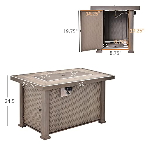 Outsunny 42" Propane Fire Pit Table, 50,000 BTU Wicker-Effect Auto-Ignition Gas Fireplace Fire Pits with Ceramic Tabletop, Steel Base, Lid, Lava Rocks and Cover, CSA Certification, Grey