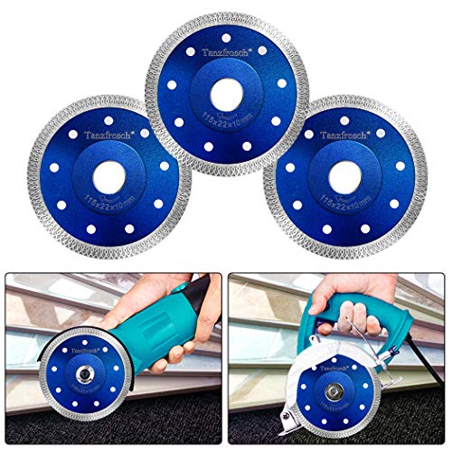 Tanzfrosch 4.5 inch Diamond Saw Blade 4.5" Cutting Disc Wheel for Cutting Porcelain Tiles Granite Marble Ceramics Works with Tile Saw and Angle Grinder (3 Pack, Blue)