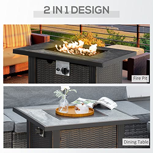 Outsunny 30 Inch Outdoor Propane Gas Fire Pit Table, 50,000 BTU Auto-Ignition Square Wicker-Effect Gas Firepit with Ceramic Tabletop, Lid, Lava Rocks & Rain Cover, CSA Certification