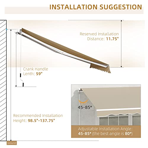 Outsunny 12' x 10' Retractable Awning Patio Awnings Sun Shade Shelter with Manual Crank Handle, 280g/m² UV & Water-Resistant Fabric and Aluminum Frame for Deck, Balcony, Yard, Beige