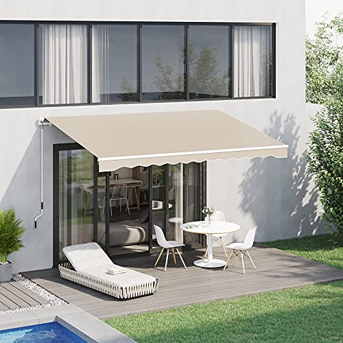 Outsunny 12' x 10' Retractable Awning Patio Awnings Sun Shade Shelter with Manual Crank Handle, 280g/m² UV & Water-Resistant Fabric and Aluminum Frame for Deck, Balcony, Yard, Beige