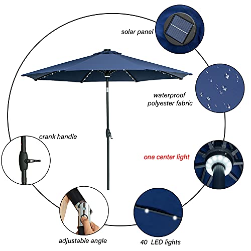 GDY 10Ft Patio Umbrella, Solar Powered 40 LED Lighted Outdoor Table Market Umbrella with Tilt and Crank, Center Light (Navy Blue)