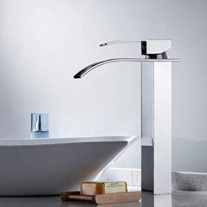 Bathroom Vessel Faucet Tall Waterfall Faucet with Wide Single Handle, Vessel Sink Bathroom Faucet with Large Rectangular Spout and Supply Hoses (Chrome)