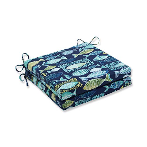 Pillow Perfect Outdoor/Indoor Hooked Lagoon Square Corner Seat Cushions, 20" x 20", Blue, 2 Count