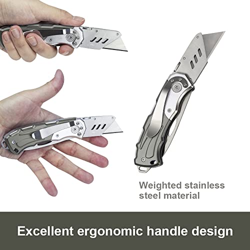 Folding Utility Knife Dual Blades Stainless Steel/Box Cutter with Clip + Pouch + 5 Blades