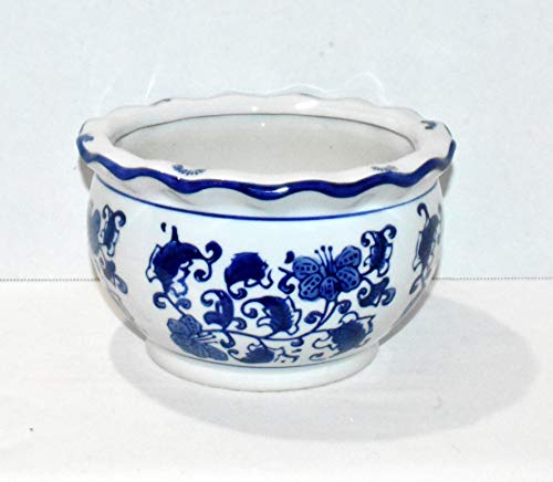 New 7.75" Cobalt Blue & White Oriental Flowers & Leaves Potbelly Bonsai Planter Pot