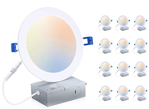 CLOUDY BAY 6 inch 3000K/ 4000K/ 5000K Three Color Temperature Selectable, Dimmable 15W CRI 90+, Ultra Thin LED Recessed Light with Junction Box, IC Rated, Air Tight, ETL/JA8, White, 12 Pack