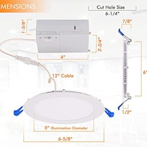 CLOUDY BAY 6 inch 3000K/ 4000K/ 5000K Three Color Temperature Selectable, Dimmable 15W CRI 90+, Ultra Thin LED Recessed Light with Junction Box, IC Rated, Air Tight, ETL/JA8, White, 12 Pack