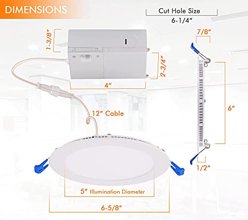 CLOUDY BAY 6 inch 3000K/ 4000K/ 5000K Three Color Temperature Selectable, Dimmable 15W CRI 90+, Ultra Thin LED Recessed Light with Junction Box, IC Rated, Air Tight, ETL/JA8, White, 12 Pack