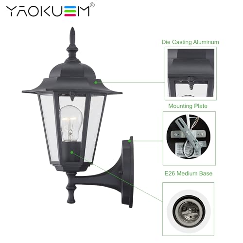 YaoKuem Outdoor Wall Lantern, Wall Sconce as Porch Lighting Fixture, E26 Base 60W Max, Metal Housing Plus Glass, Wet Location Rated, Bulbs not Included