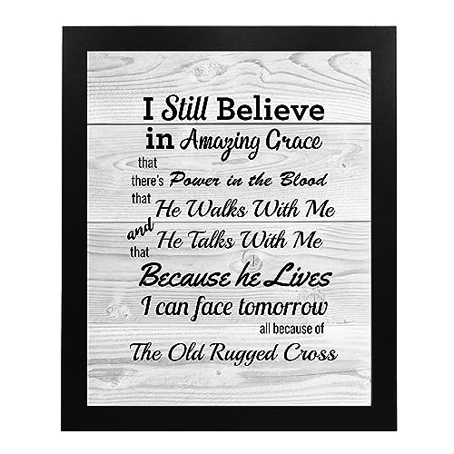 Still Believe, Amazing Grace, Old Rugged Cross - Christian Hymns Wall Art w/Distressed Wood Design, Church Song Lyric Wall Decor Print For Home Decor, Office Decor, Cabin, Lake House, Unframed - 8x10