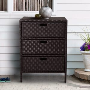 Outsunny Patio Wicker Pool Caddy, PE Rattan Storage Cabinet Organizer, Outdoor Towel Rack for Pool with 3 Large Drawers and Weather-Fighting Material, Brown